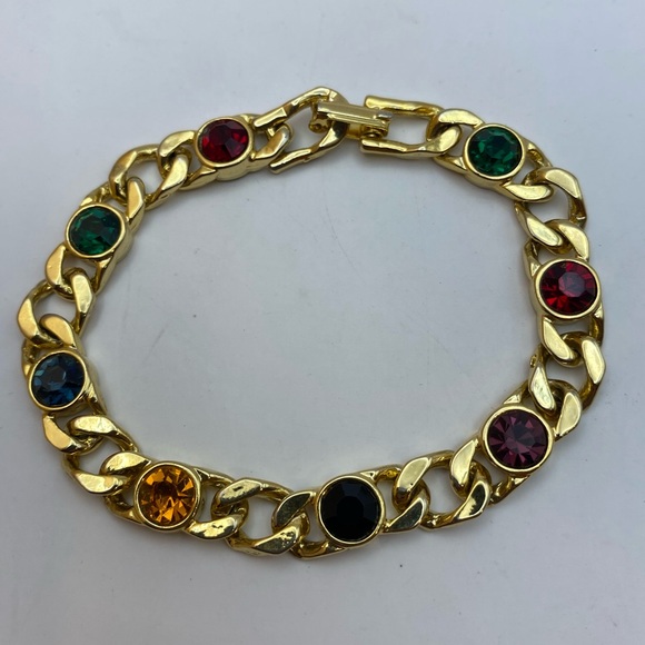 Jewelry | Vintage Cuban Link Gold Bracelet W Multicolor Stones Made In ...